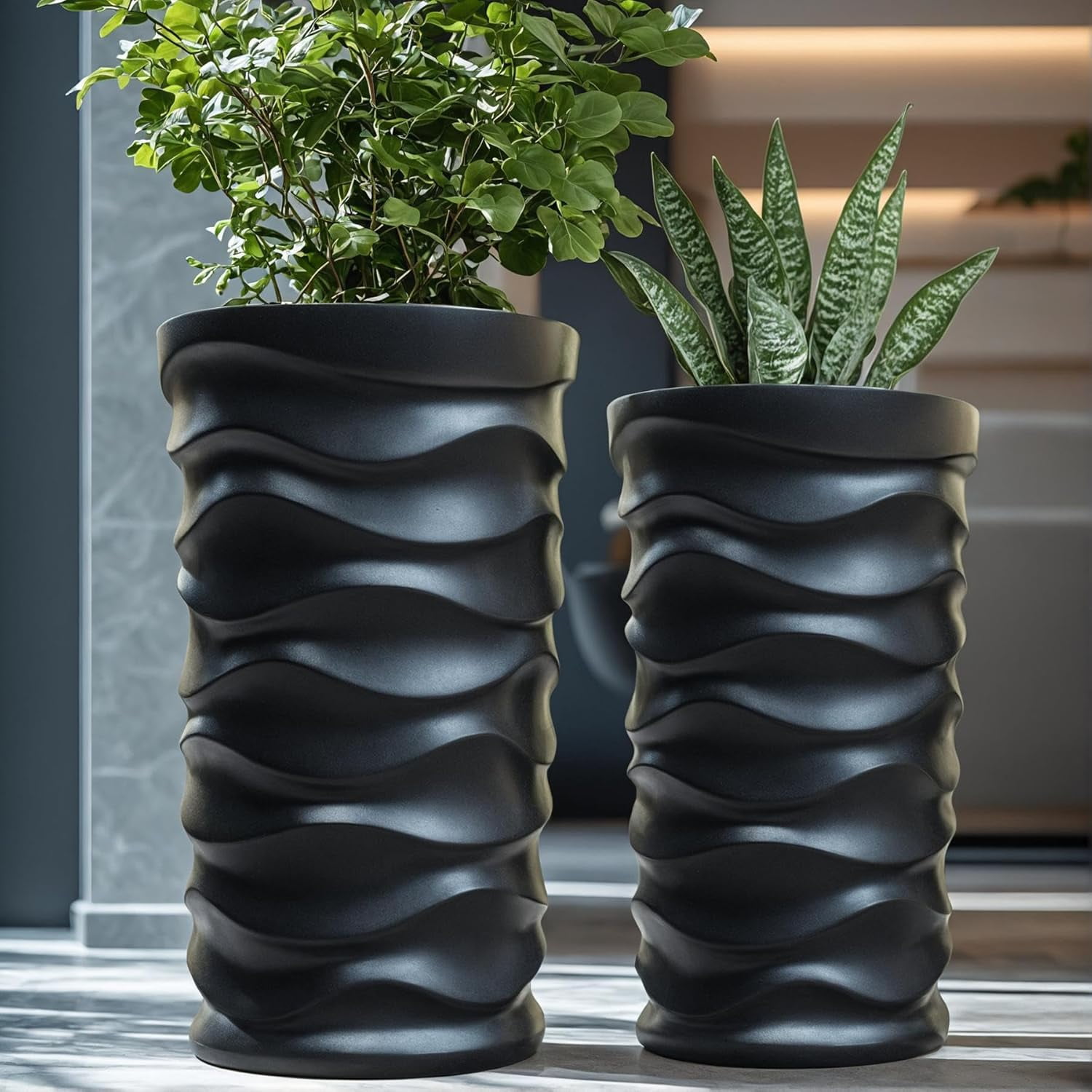 Indoor Outdoor Tall Planter - Tall Round Pots - Modern Matte Wavy ...