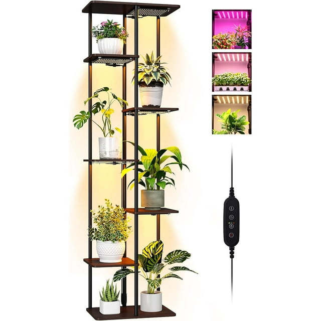 Indoor Plant Stand with Grow Lights , 7 Tier Corner Wooden Tall Grow ...