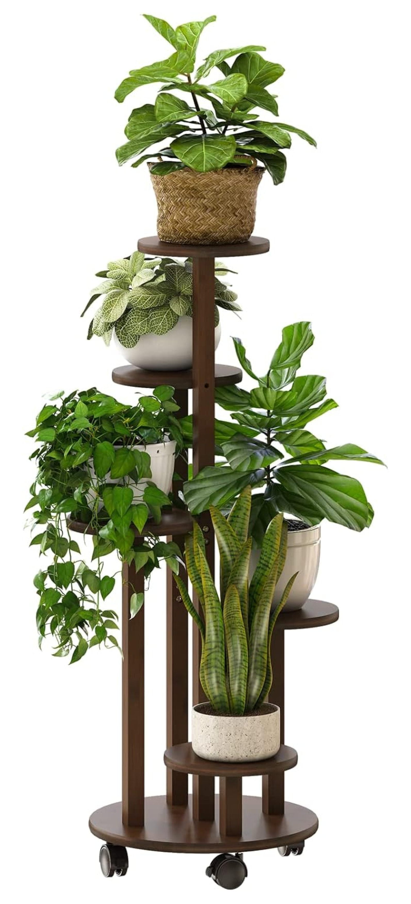 Indoor Plant Stand with Wheels, 5 Tiered , Bamboo Plant Stands for ...