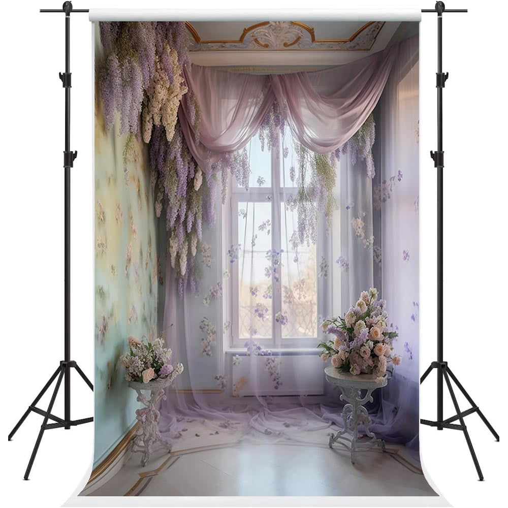 Indoor Purple Flower Window Curtain Girl Birthday Party Art Portrait r ...