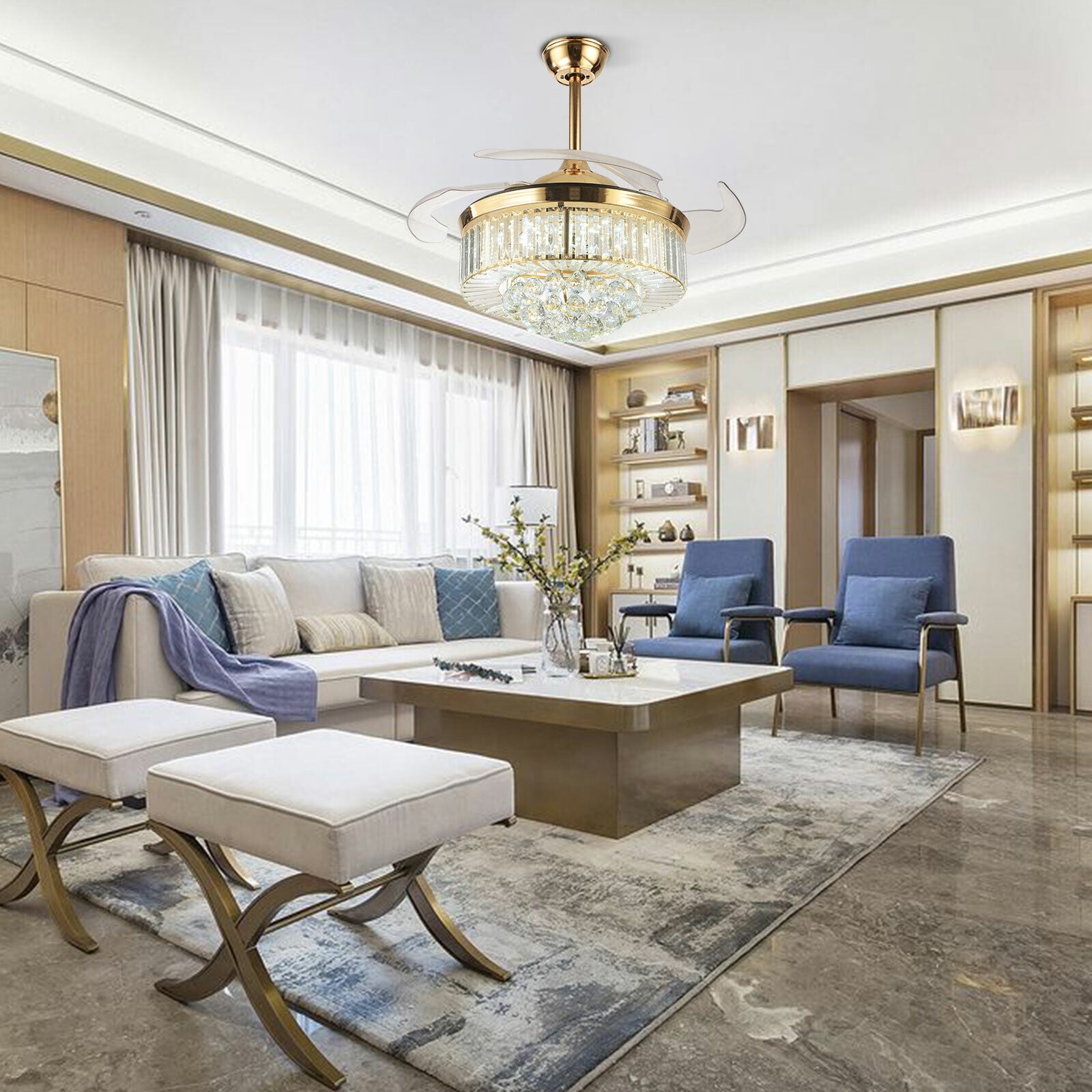 Indoor Remote Control Retractable Ceiling Fan LED Chandelier Dimmable ...