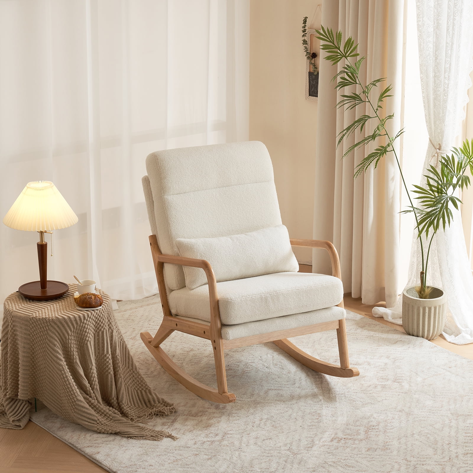 Indoor Rocking Chair with High Back and Armrests, Solid Wood Frame ...