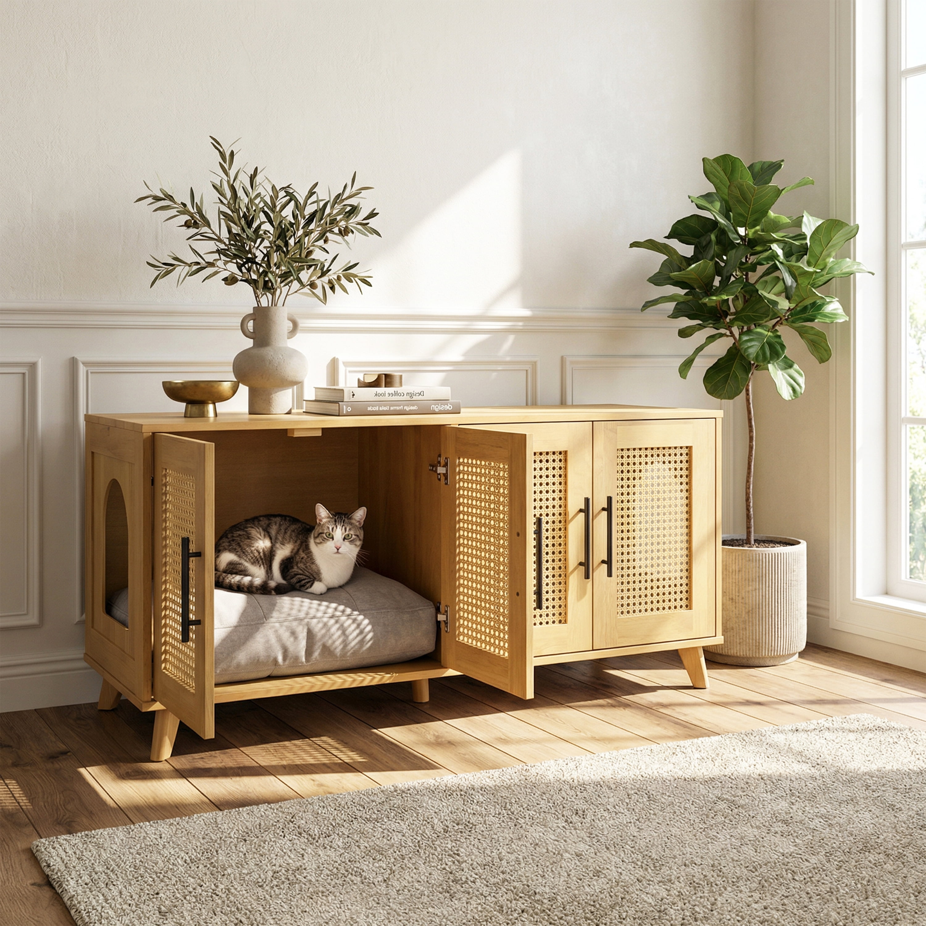 Indoor Rubber Wood Cat Cabinet with Plush Cushion, Hidden Pet Furniture ...