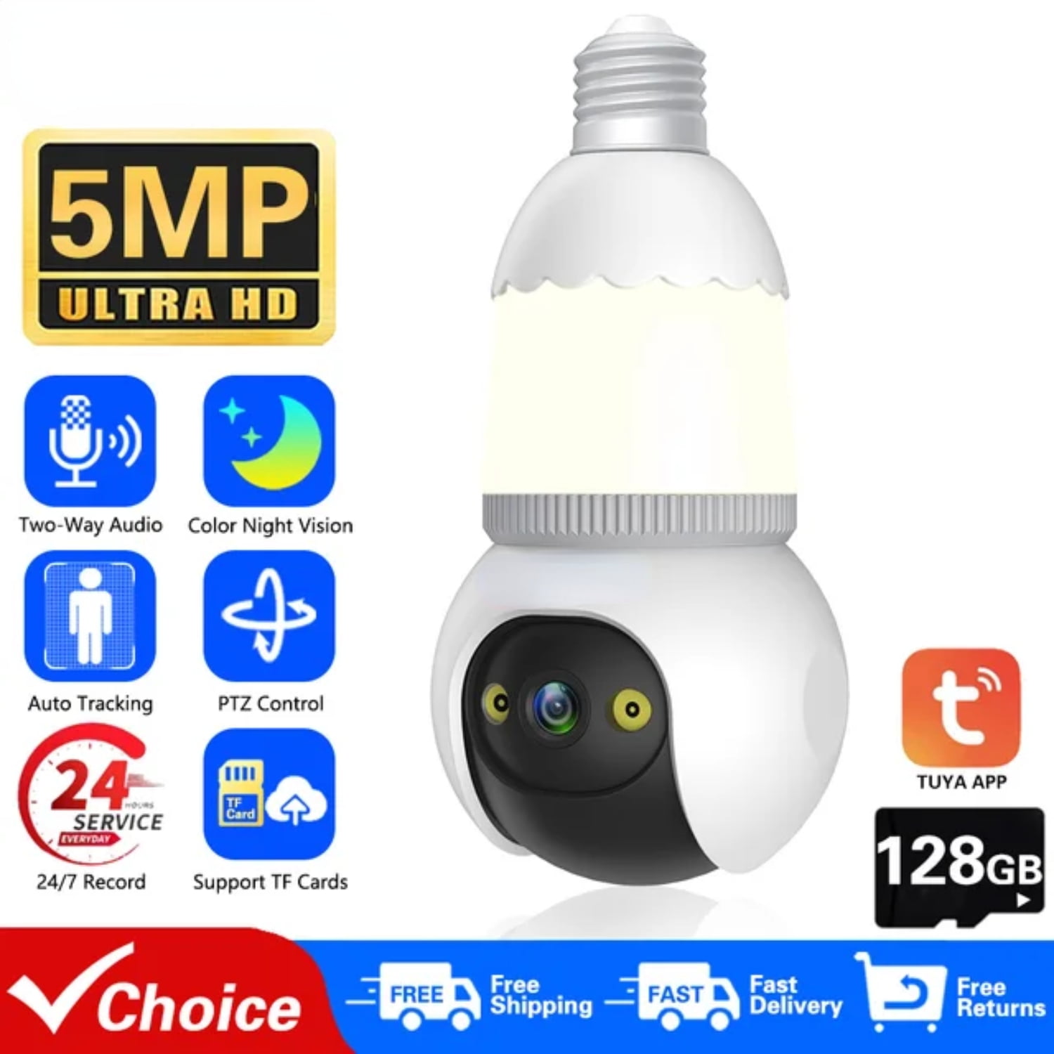 Indoor Security Baby Monitor 2-in-1 5MP WiFi Bulb Camera with Color ...