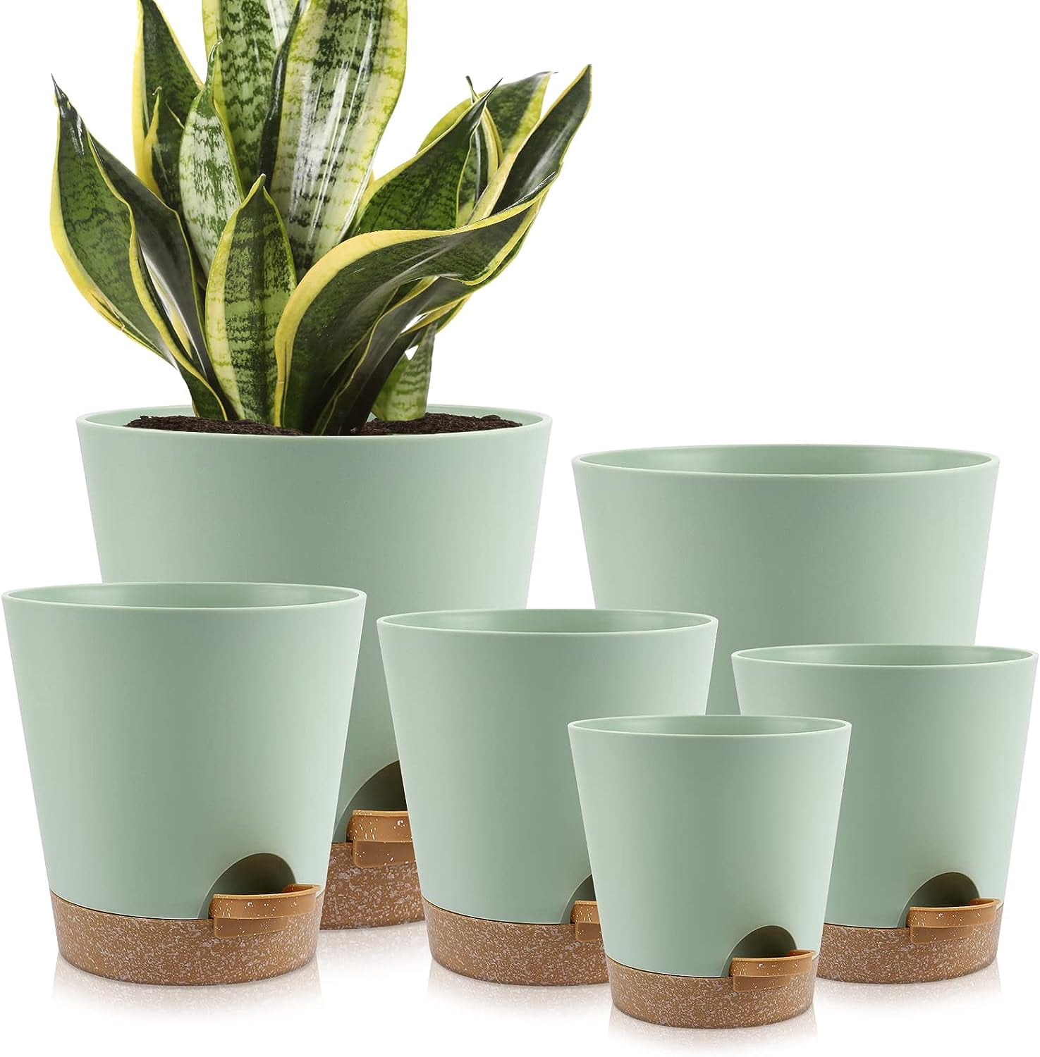 Indoor Self Watering Planters with Drainage Holes and Saucers, 8, 7, 6.5, 6, 5.5, 5 Inches ...