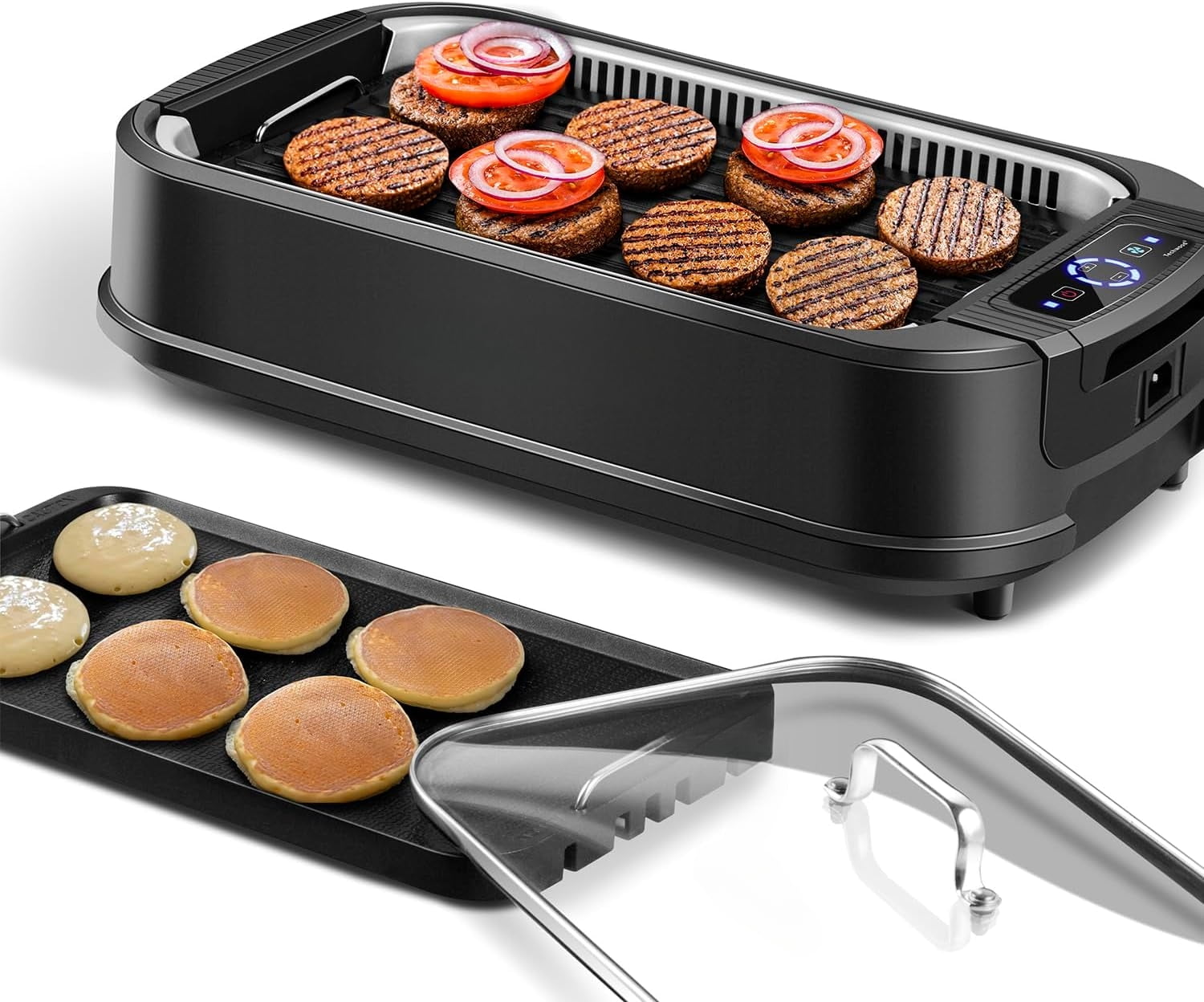 Indoor Smokeless Grill, 1500W Electric Indoor Grill with Tempered Glass Lid, Portable Non-stick ...