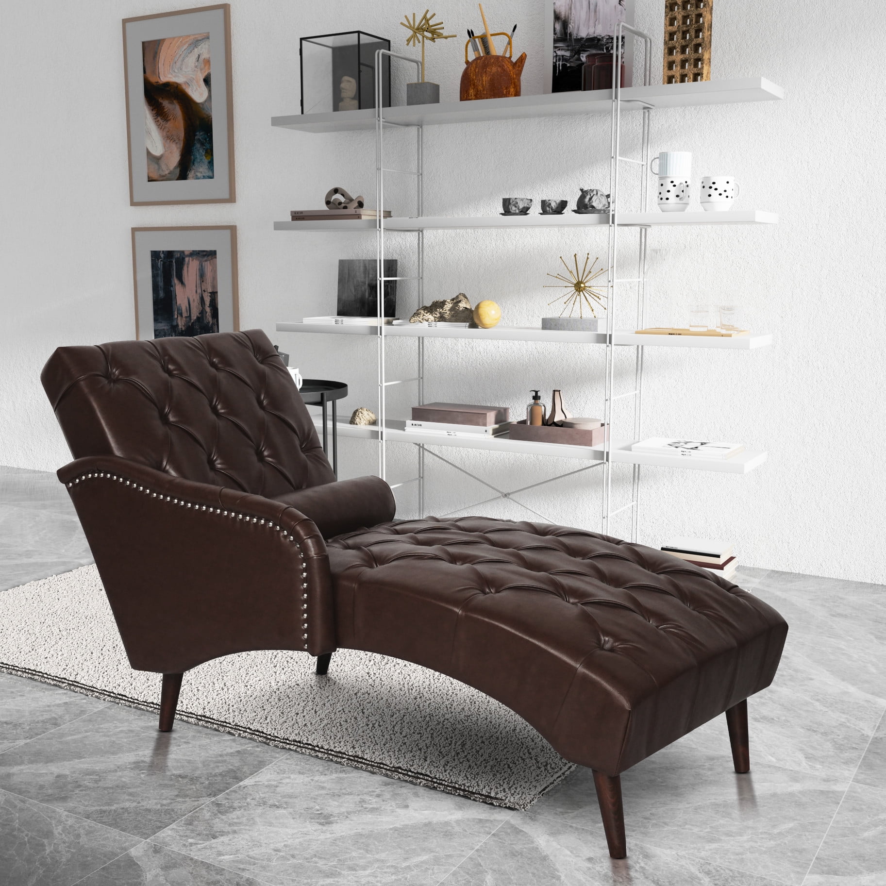 Indoor Soft Chair, Dark Brown Pu, Back, Solid Wood Legs For Living Room Pu Chaise Couch, Support ...