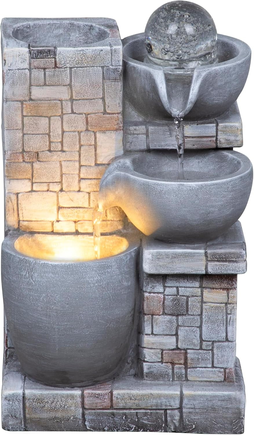 Indoor Tabletop Tiered Water Fountain with LED Light and Planter, Stone ...