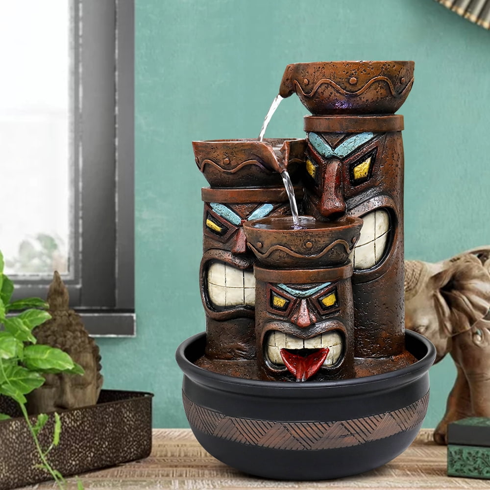 LED Indoor Tiki Tabletop Water Fountain - 3-Tier Waterfall Feature for ...