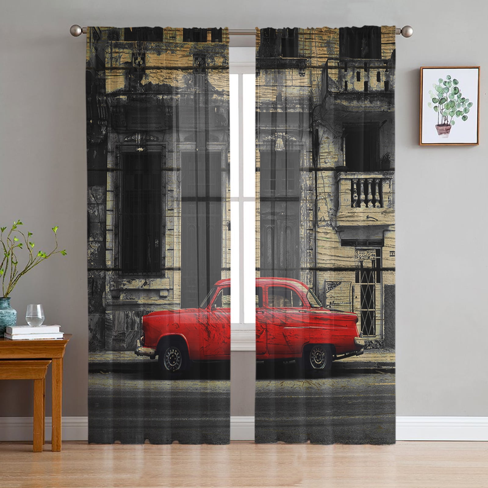Indoor Tulle Curtains Red Car Building Retro Bedroom Exquisite Voile ...