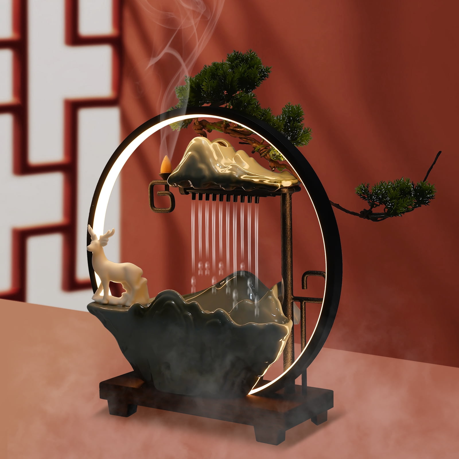 Indoor Water Fountain with LED Light & Mist, Ceramic Rockery and Deer ...