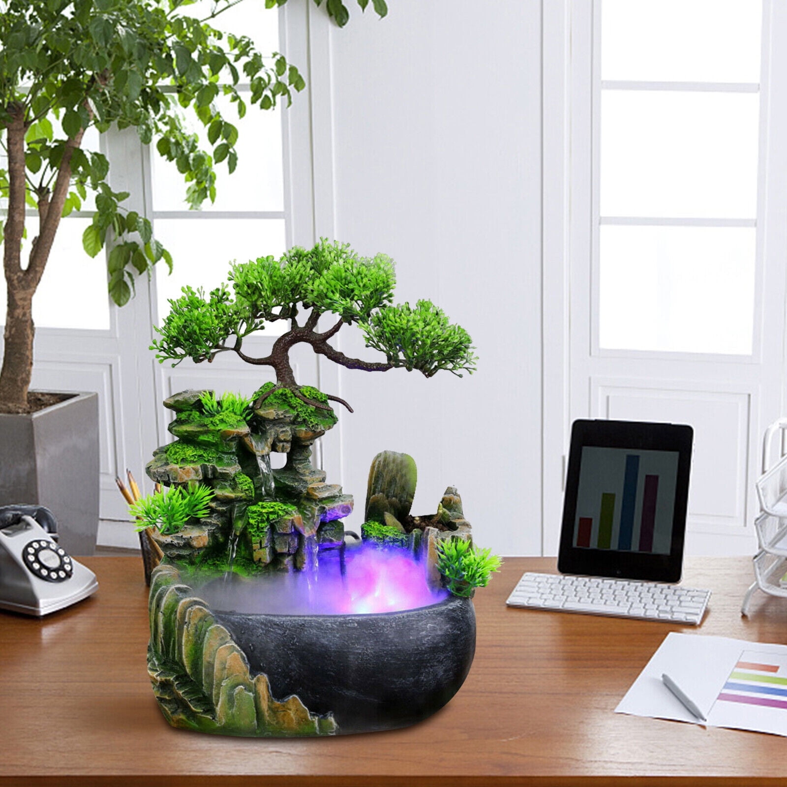 Miumaeov Desktop Waterfall Fountain, LED Rockery Humidifier, Fengshui ...
