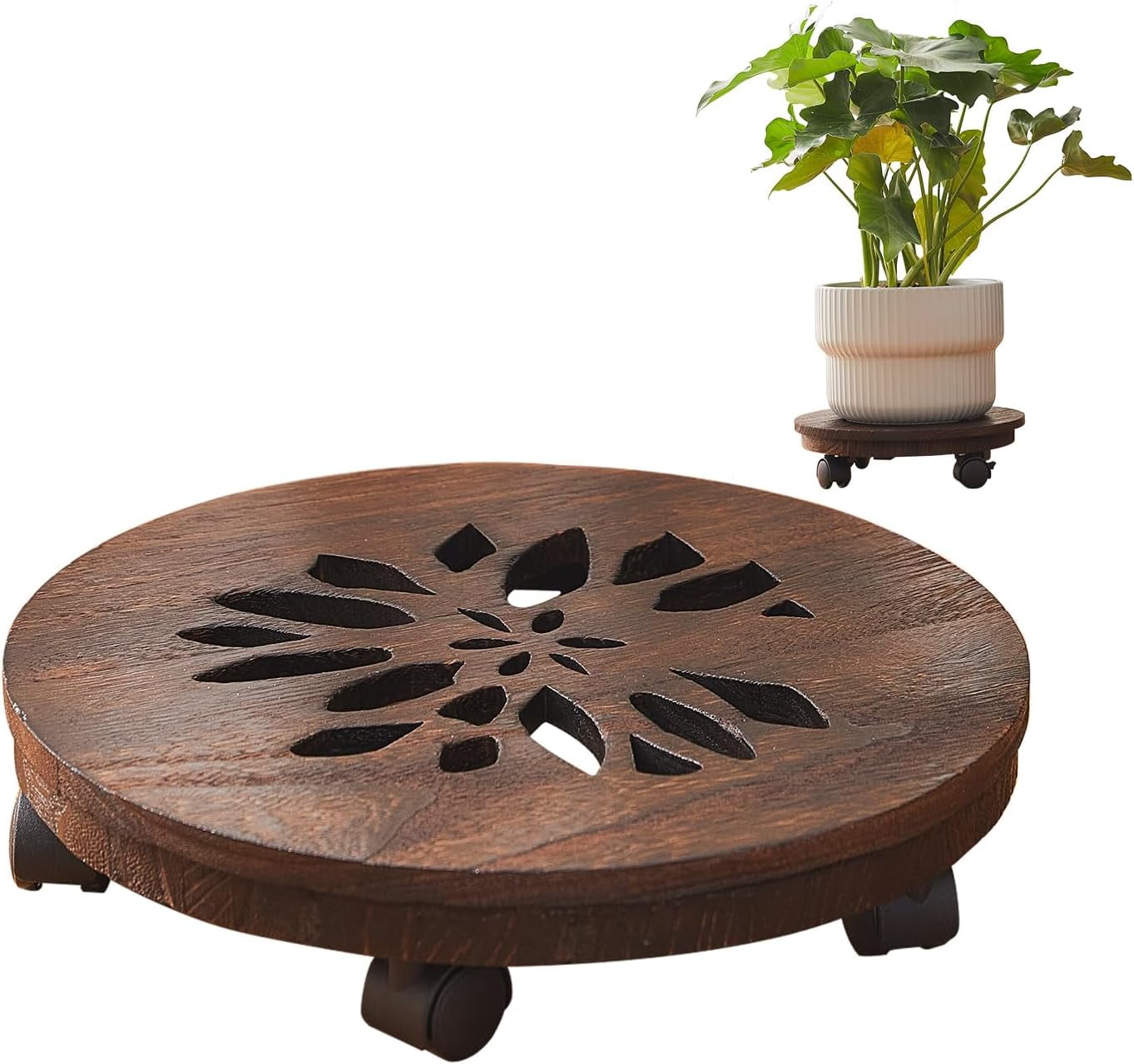 Indoor Wood Plant Stand with Lockable Wheels, Pot Stand, Rolling Plant ...