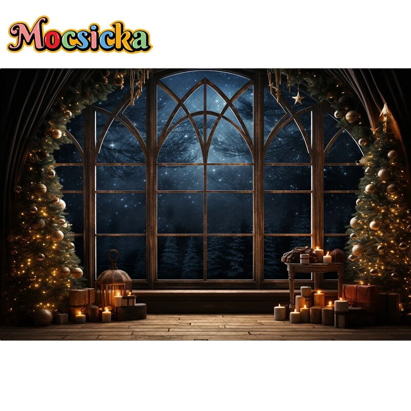 Indoor xmas Window Backdrop Photography Night Stars Christmas Tree ...