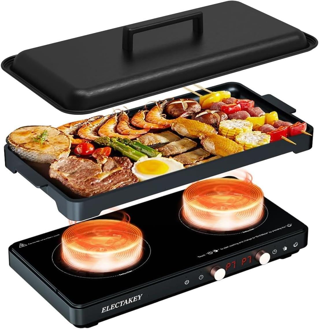 Induction Cooktop TWO Burner with Removable Cast Iron Griddle Pan Non ...