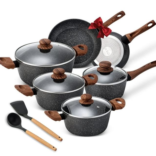 Induction Cookware Set, Non Stick Granite Pots and Pans Set for Stove ...