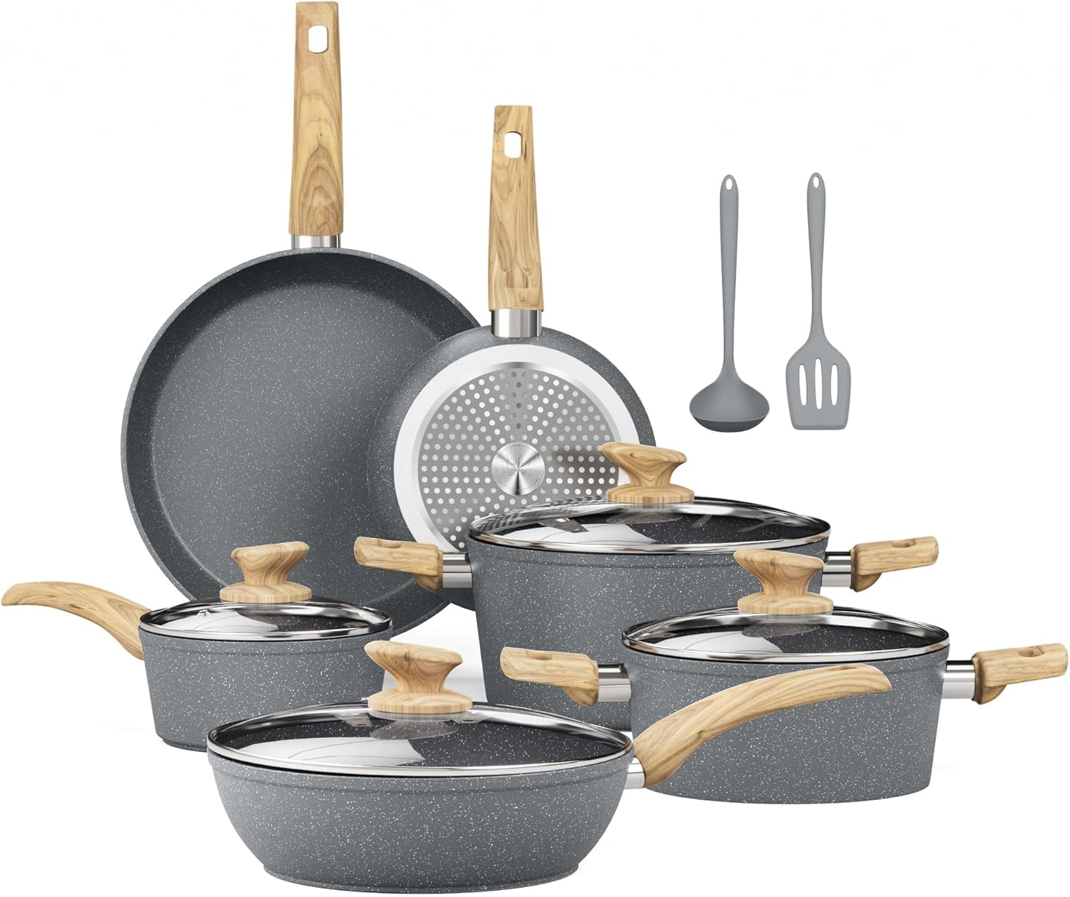 Induction Cookware Sets - 12 Piece Gray Cooking Pan Set, Granite ...