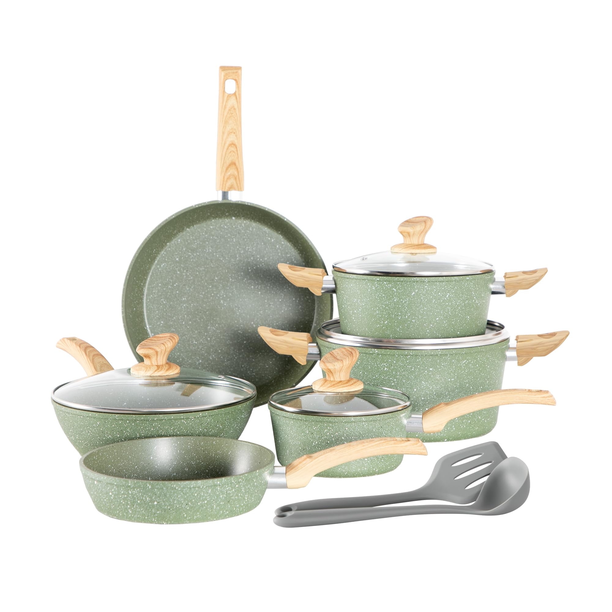 Induction Cookware Sets - 12 Piece Green Cooking Pan Set, Granite ...