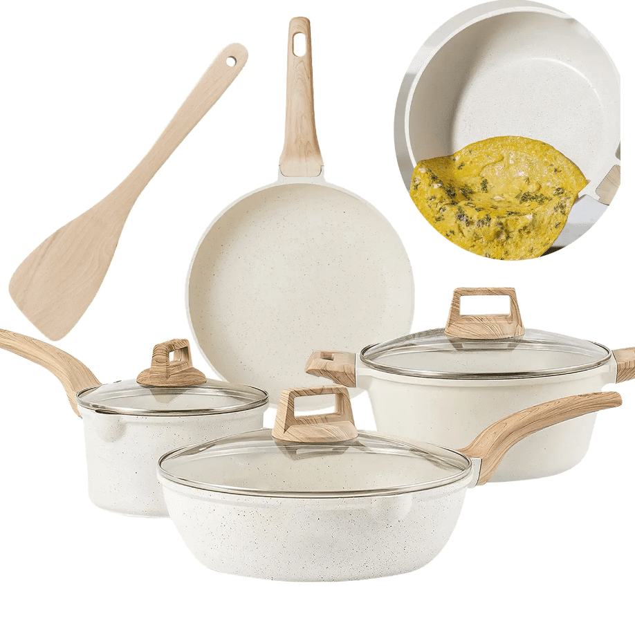 Induction Kitchen Cookware Set, Granite Coating White Nonstick 8Pcs ...