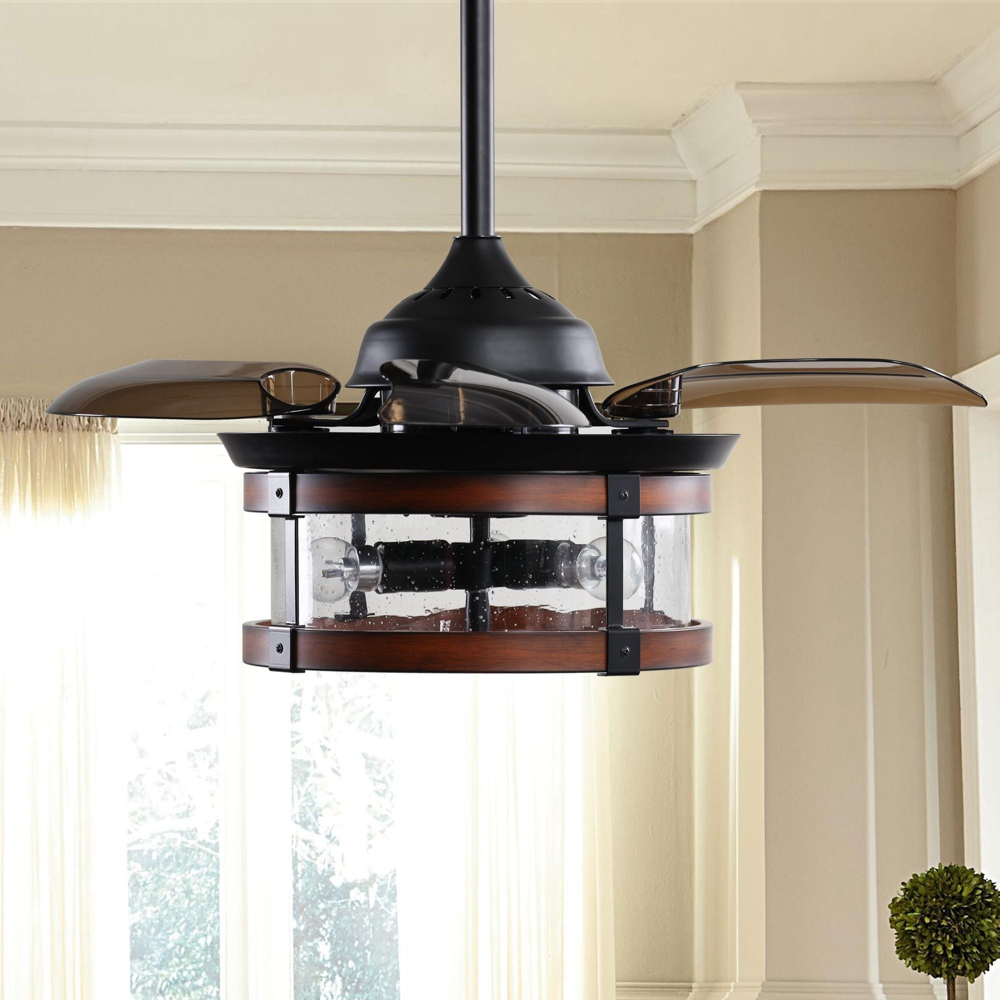Industrial 3-Blade 3-Light Black and Brown Retractable Caged Ceiling ...