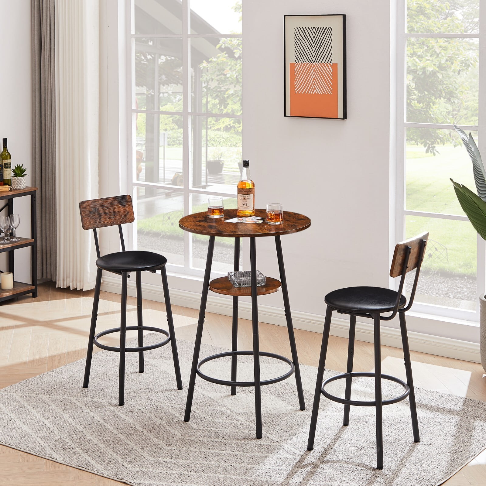 Industrial 3 PCS Bar Table Set Kitchen Pub PU Soft Seat Stools and 2 ...