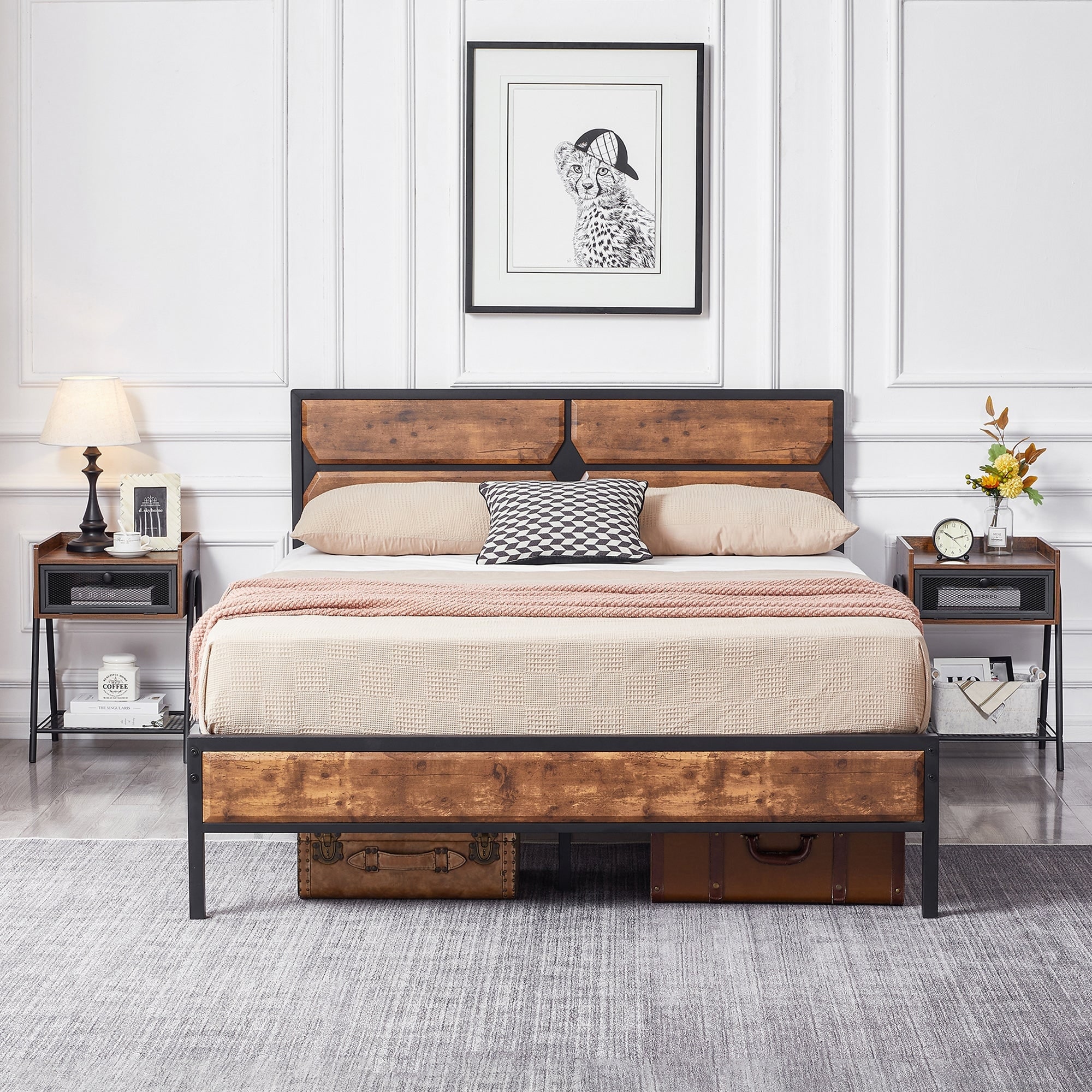 Industrial 3 Piece Platform Bed Frame and Nightstand Set , Rustic Brown ...