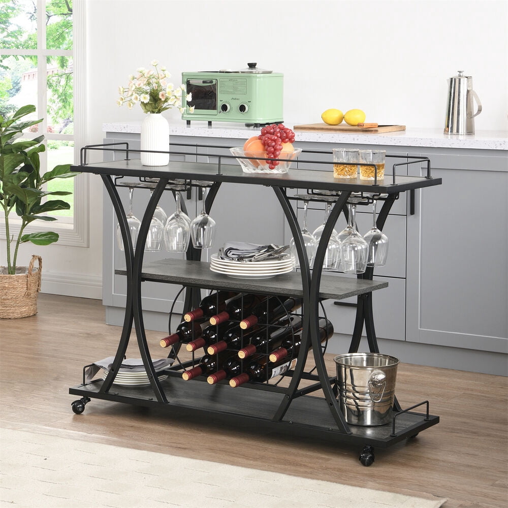 Industrial 3 -Tier Bar Cart Mobile Bar Serving Cart Storage Shelves ...