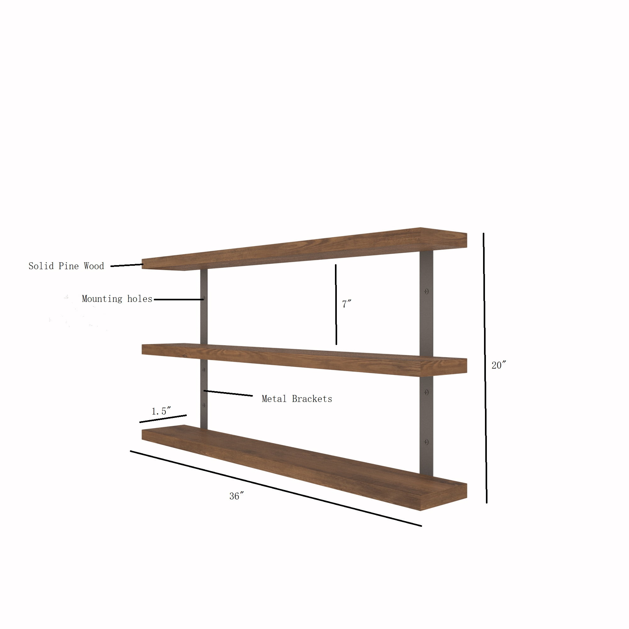 Industrial 3-Tier Bracket Wood Wall Mounted Floating Shelf, 36" Dark ...