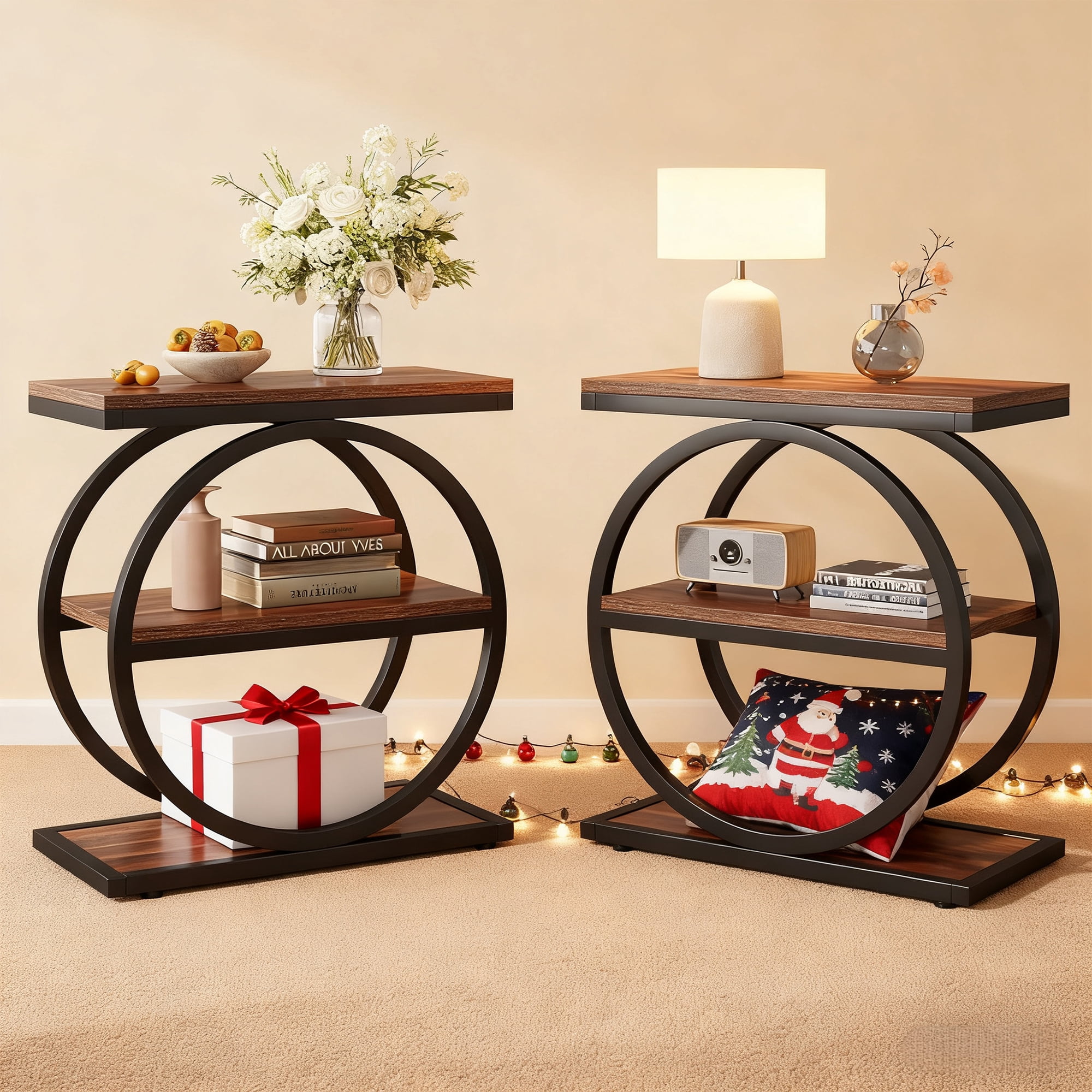 Industrial 3-Tier Narrow End Table 2PC With Storage Shelves, Wood Side ...