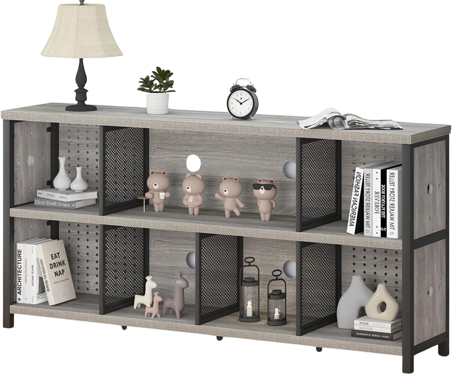 SASYXDC Horizontal Bookcase Rustic Wood 4 5 6 7 8 Cube Bookshelf Wide ...
