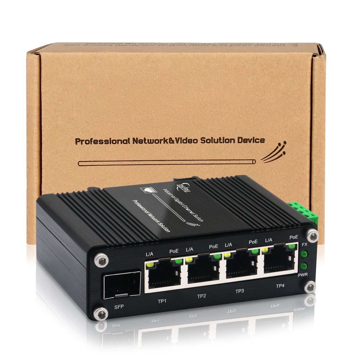 Industrial 4-Port Gigabit IEEE 802.3af/at PoE Switch with SFP Slot, Supporting Din Rail, 12~48V ...