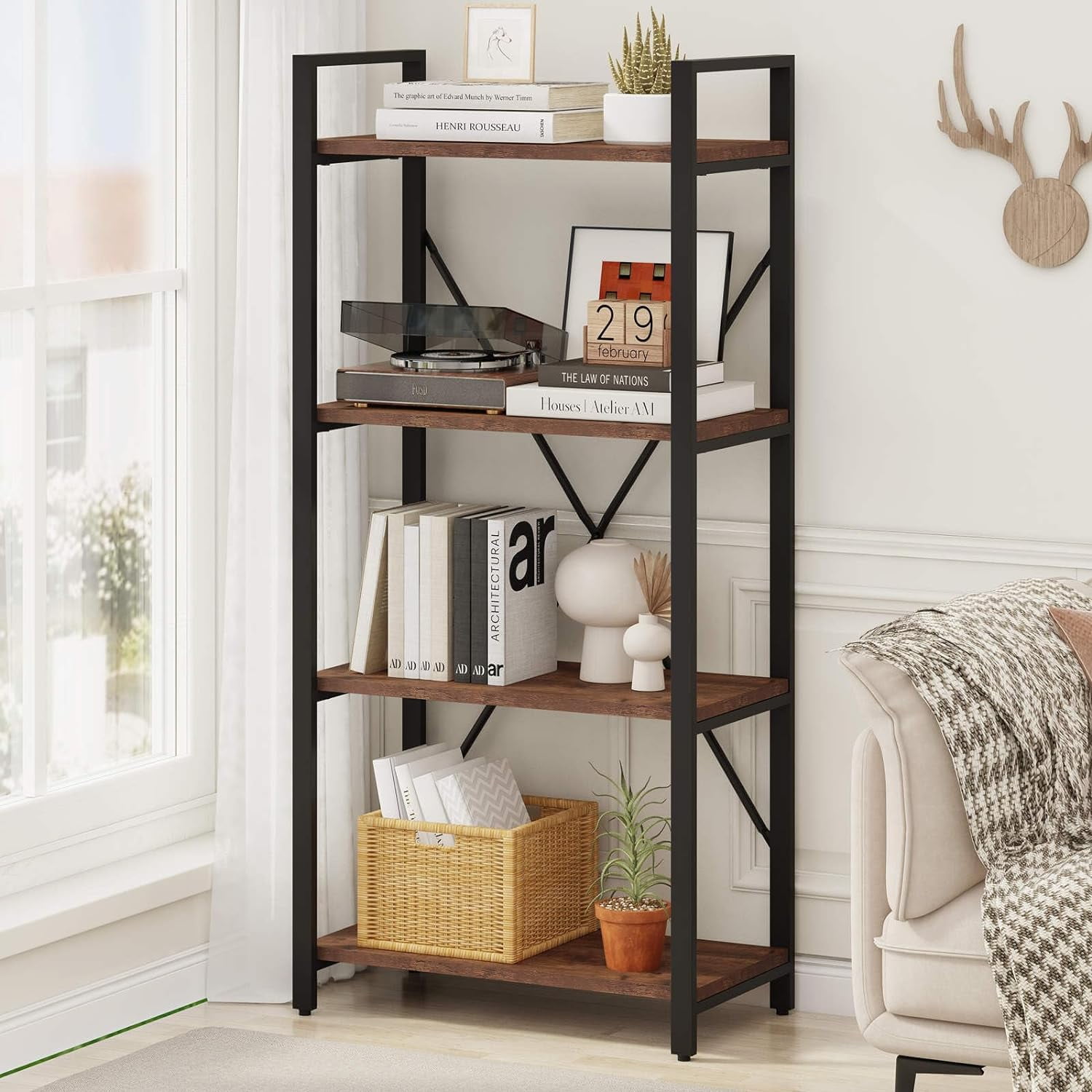 Industrial 4 Tier Bookshelf, Modern Open Etagere Bookcase, Wood Metal ...