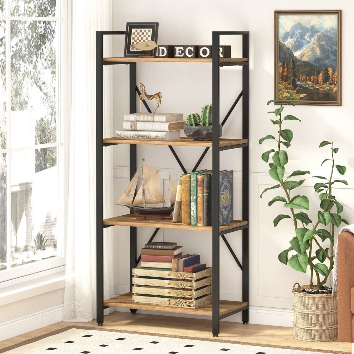 Industrial 4 Tier Bookshelf, Modern Open Shelving Unit Book Shelves ...