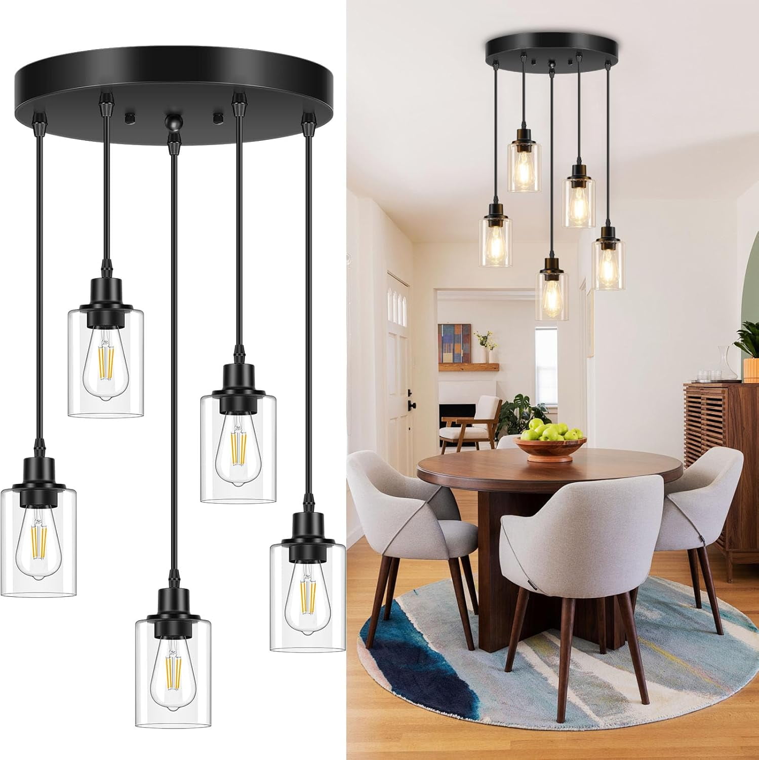 Industrial 5-Light Pendant Light Fixtures with Clear Glass Shades ...
