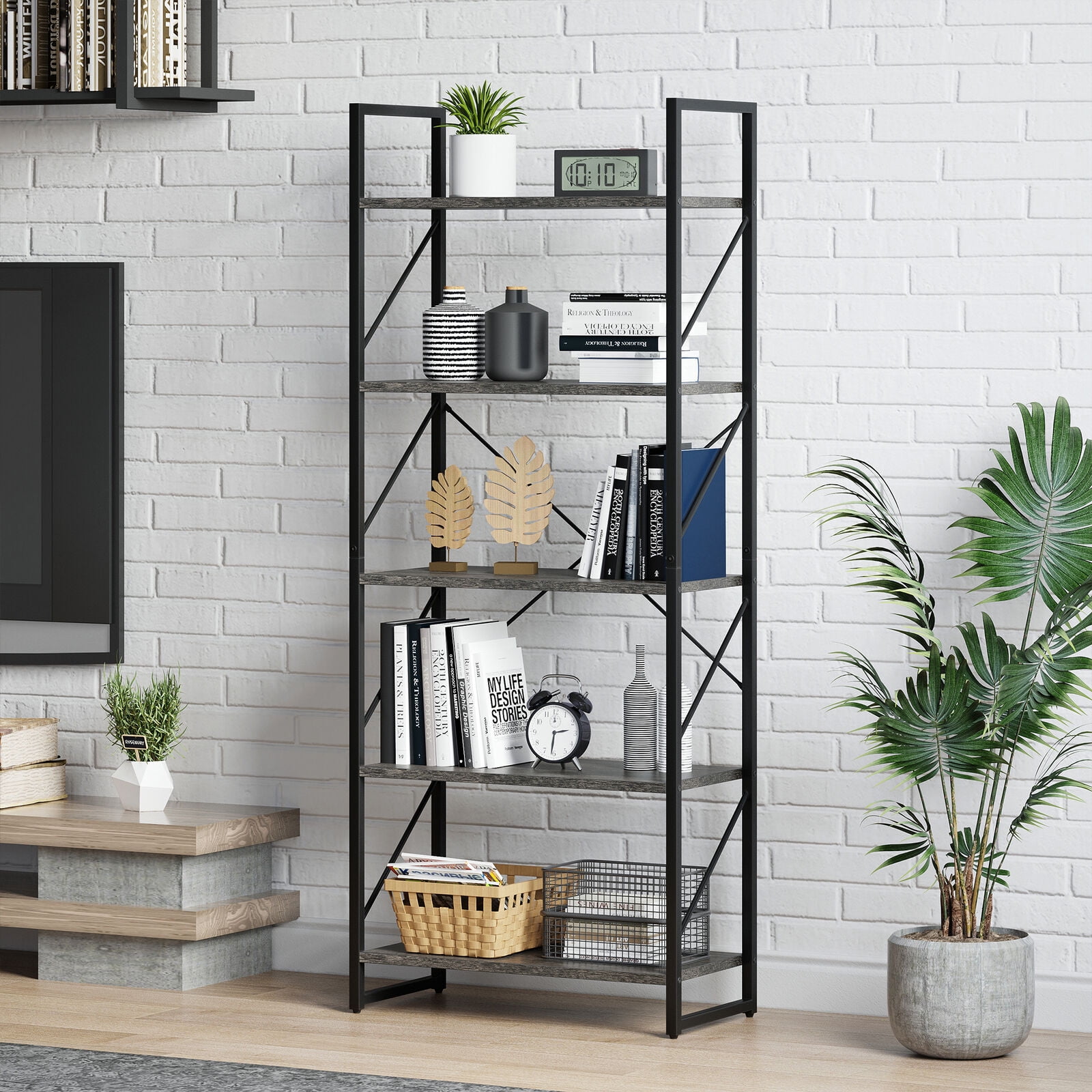 Industrial 5 Shelf Wood Bookcase Bookshelf Storage Display Rack Book Shelving - Walmart.com