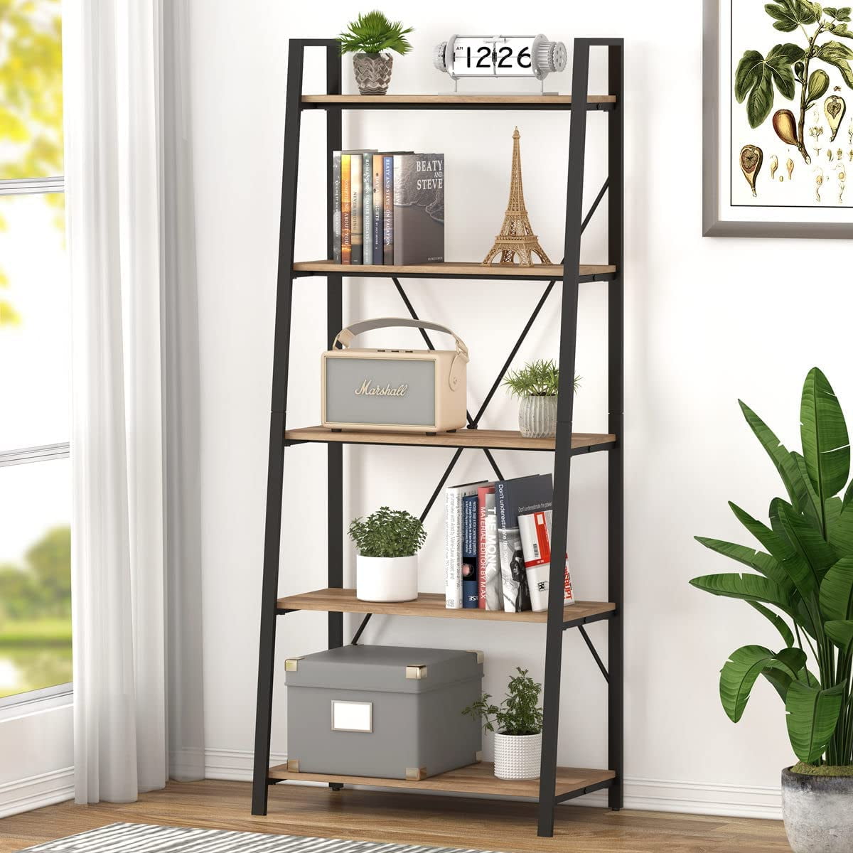 Industrial 5 Tier Ladder Bookshelf, Wood and Metal Ladder Shelf ...
