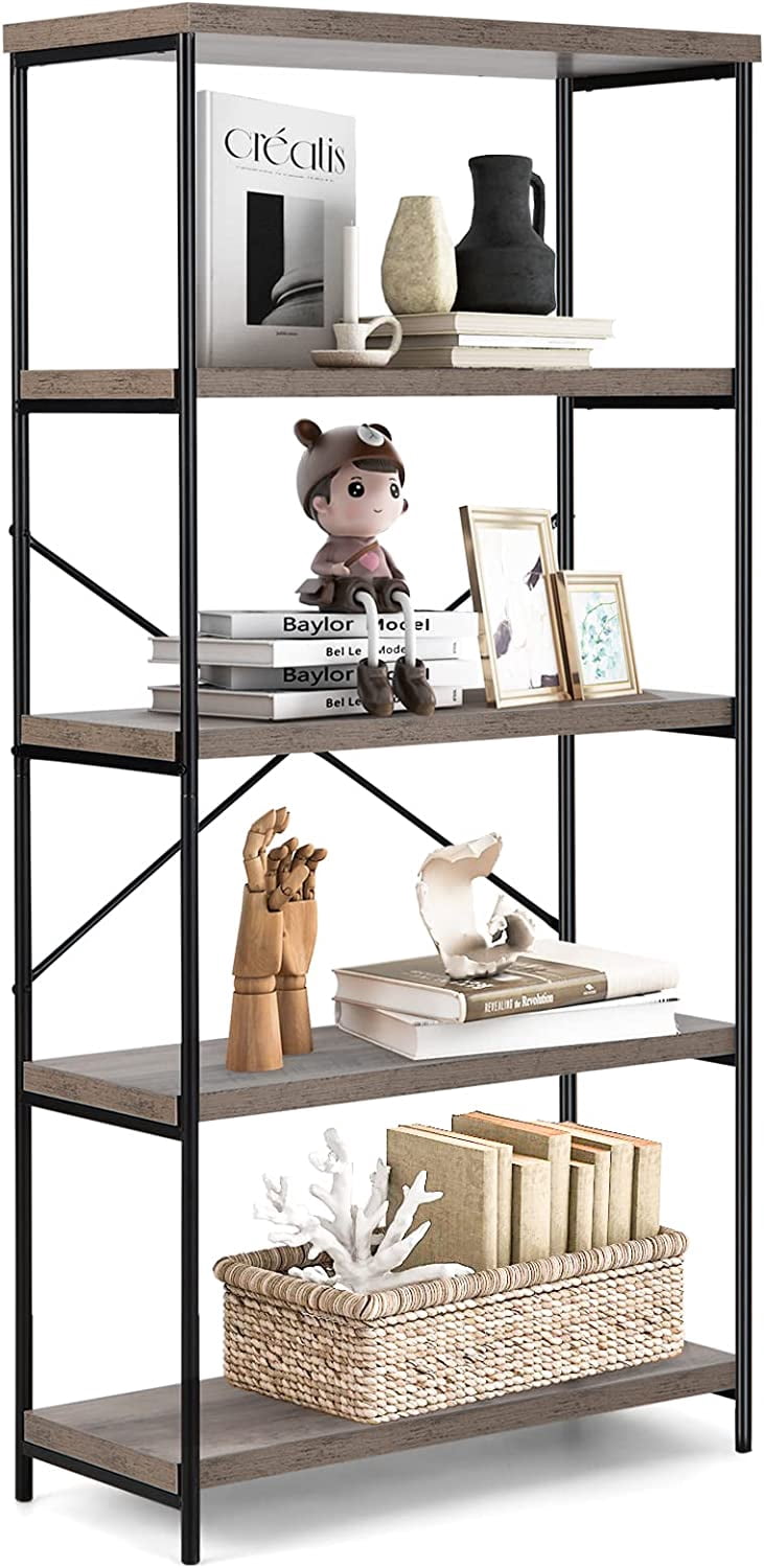 Industrial 5-Tier Wood Bookshelf - 63’’ Tall Open Storage Organizer ...