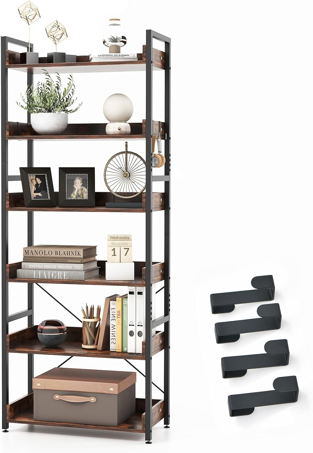 Industrial 6-Tier Bookshelf, 70" Tall Freestanding Storage Display ...