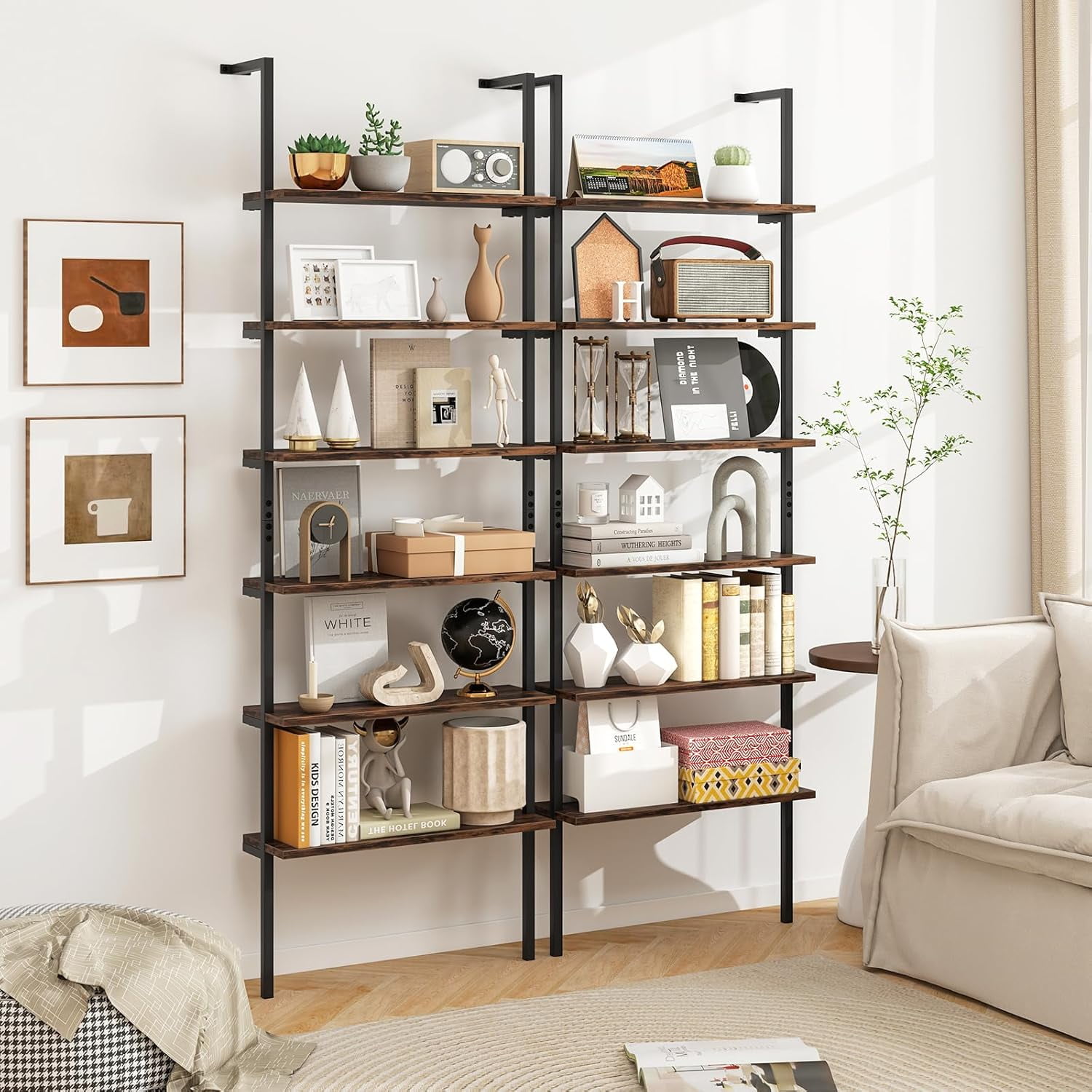Industrial 6-Tier Bookshelf, 72" Tall Wall Mounted Ladder Shelf with ...