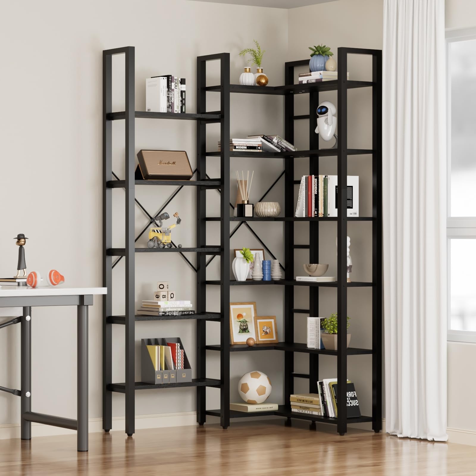 Industrial 6 Tier Bookshelf: Triple Wide Open Bookcase for Home Office ...