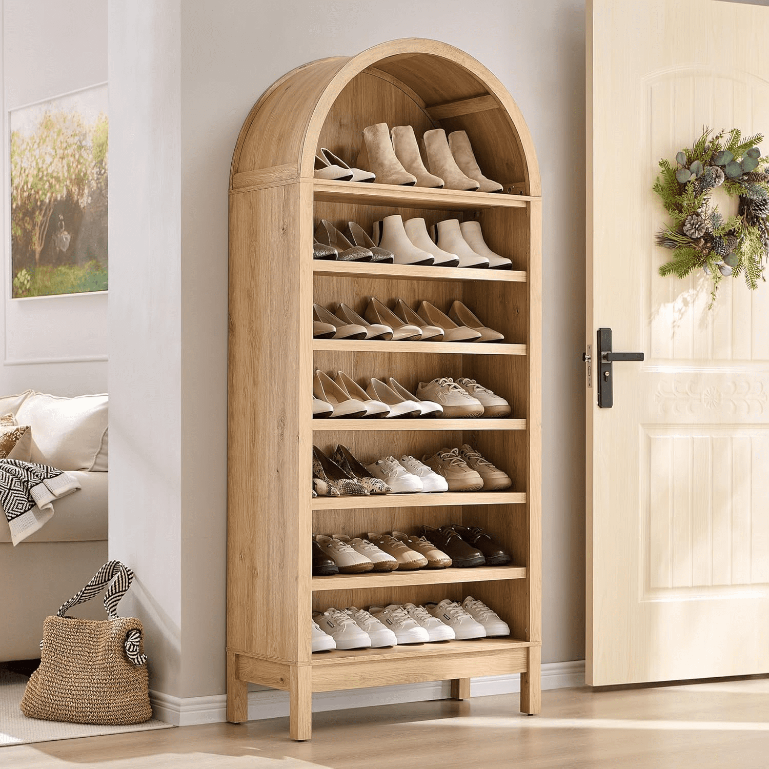 Industrial 71" Tall Arched Shoe Cabinet, 7-Tier Wooden Shoe Rack with ...