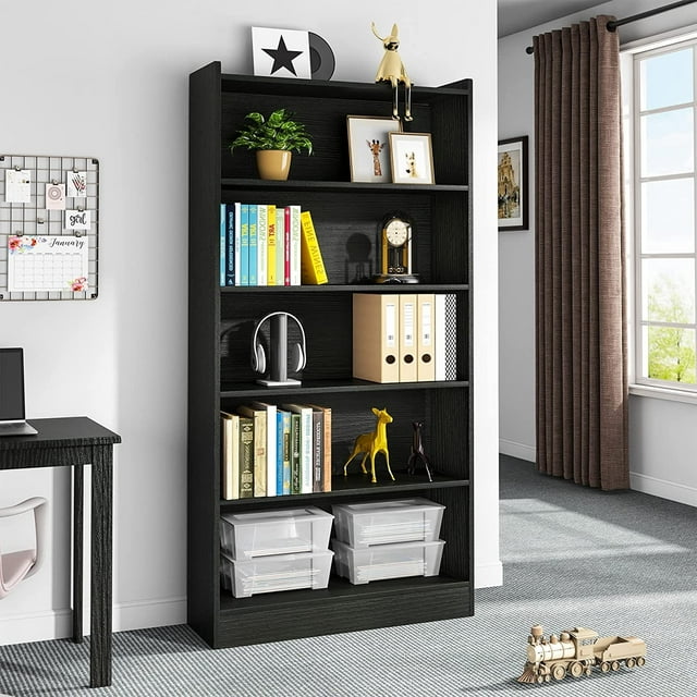 Industrial 72-inch Tall Bookcase 6-Tier Gray Library Bookshelf Black ...