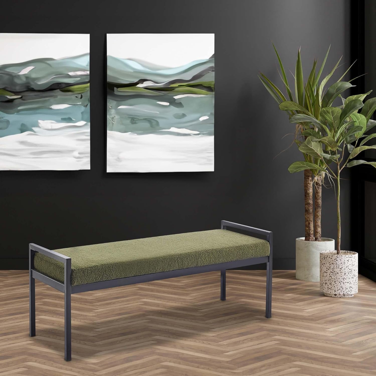 Industrial Accent Bench with Teddy Plush Upholstery, Foam Cushion and ...