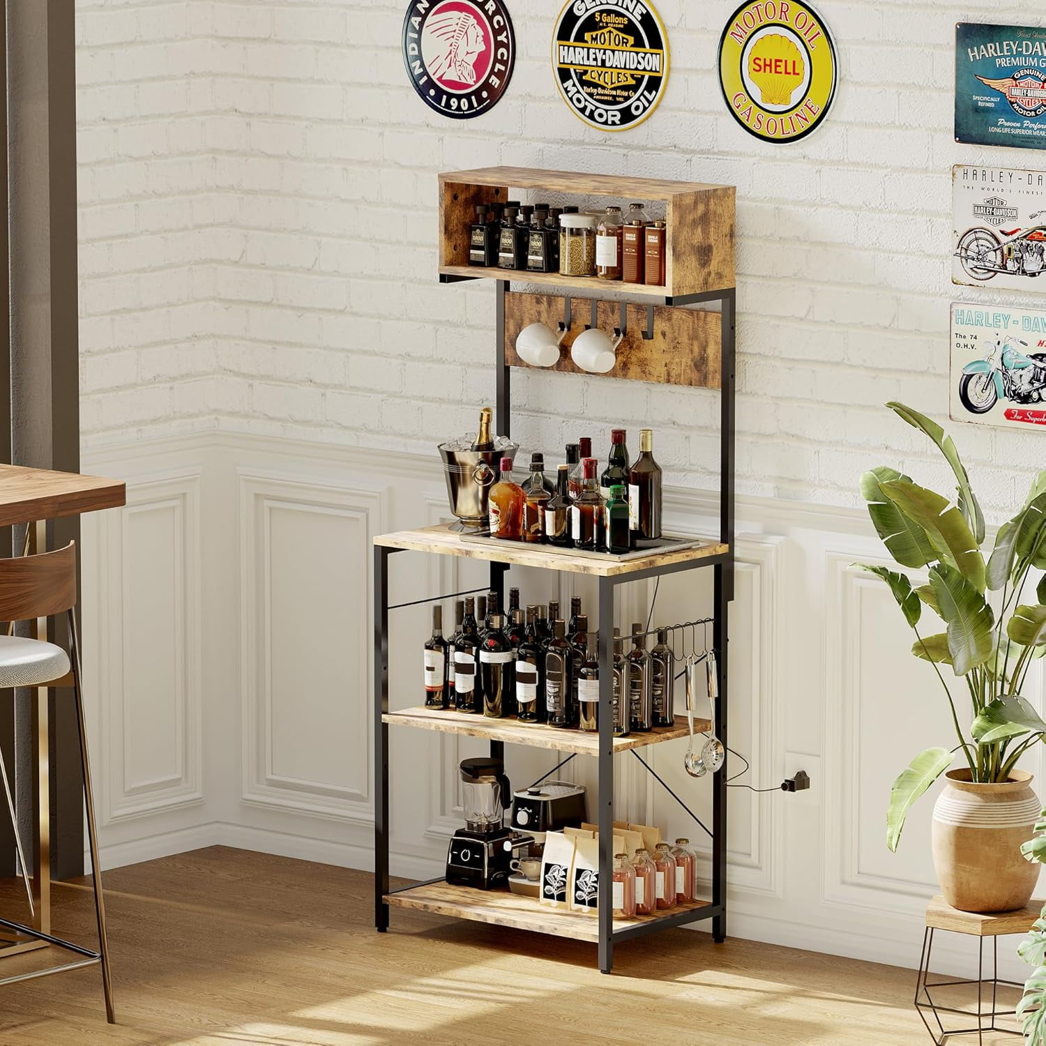 Industrial Bakers Rack with Power Outlet, 4-Tier Kitchen Cart w/ 10 ...