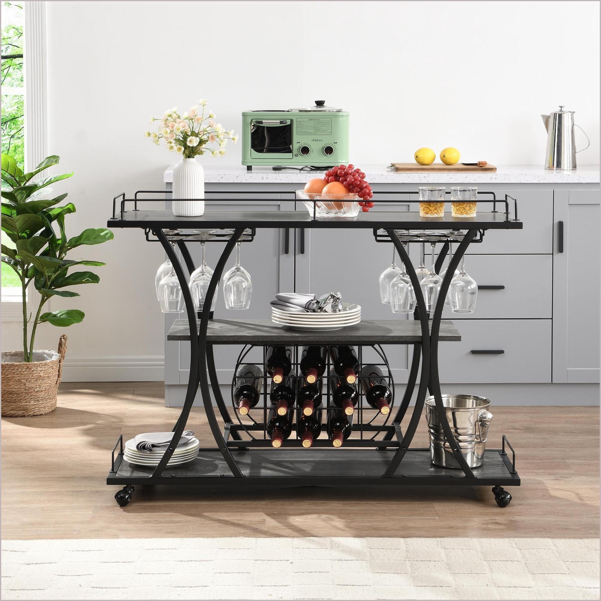 Industrial Bar Cart, 3-Tier Storage with Wine Bottle & Glass Racks ...