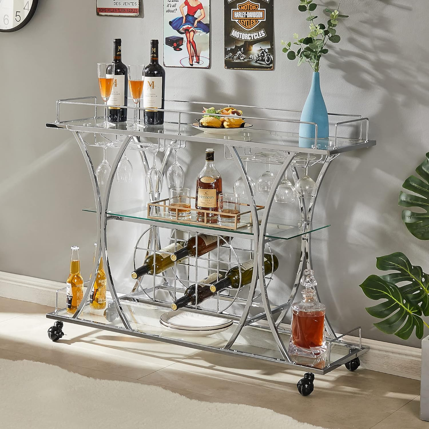 Industrial Bar Cart Farmhouse Mobile Metal Wooden Mini Bar Cart Small ...