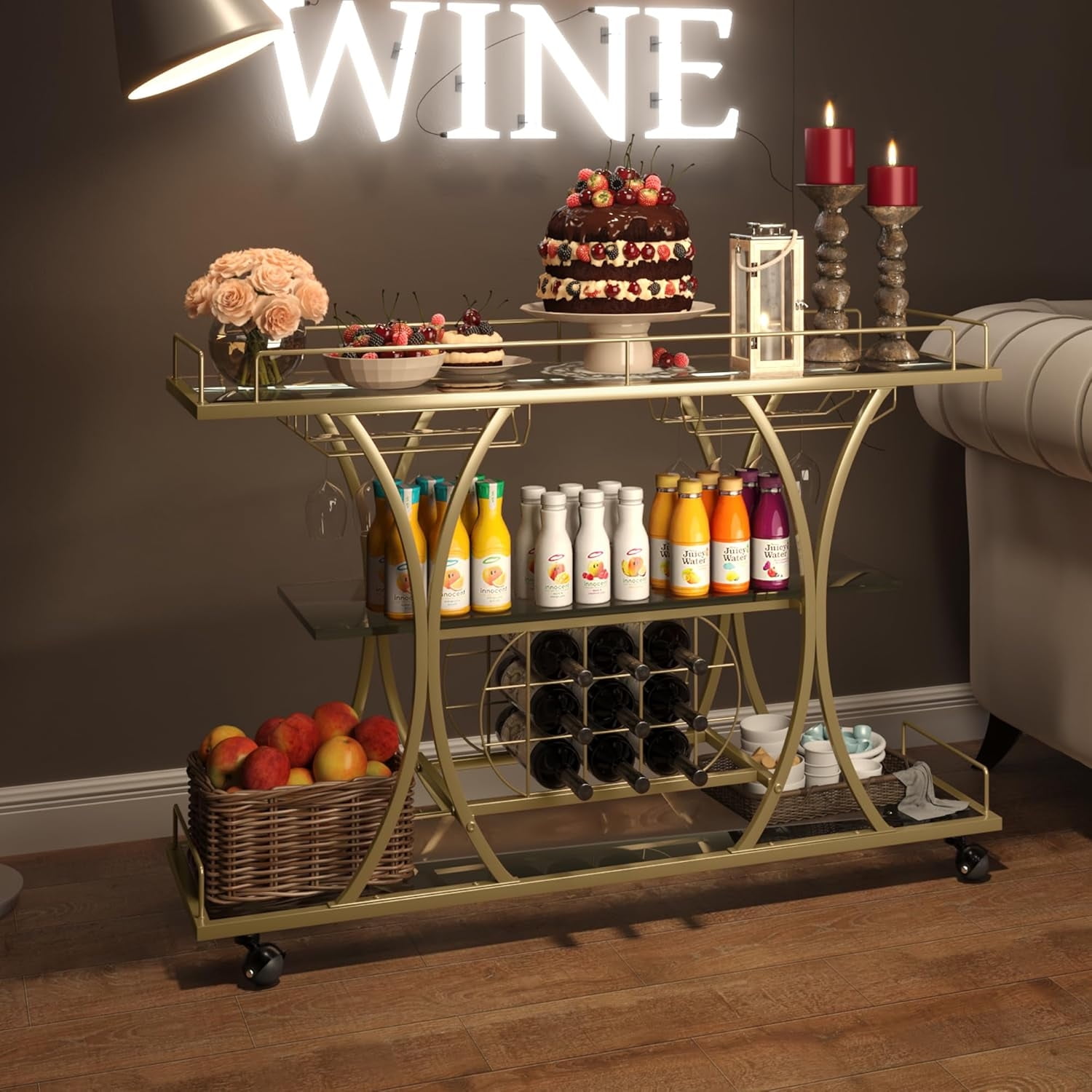 Industrial Bar Cart Farmhouse Mobile Metal Wooden Mini Bar Cart Small ...