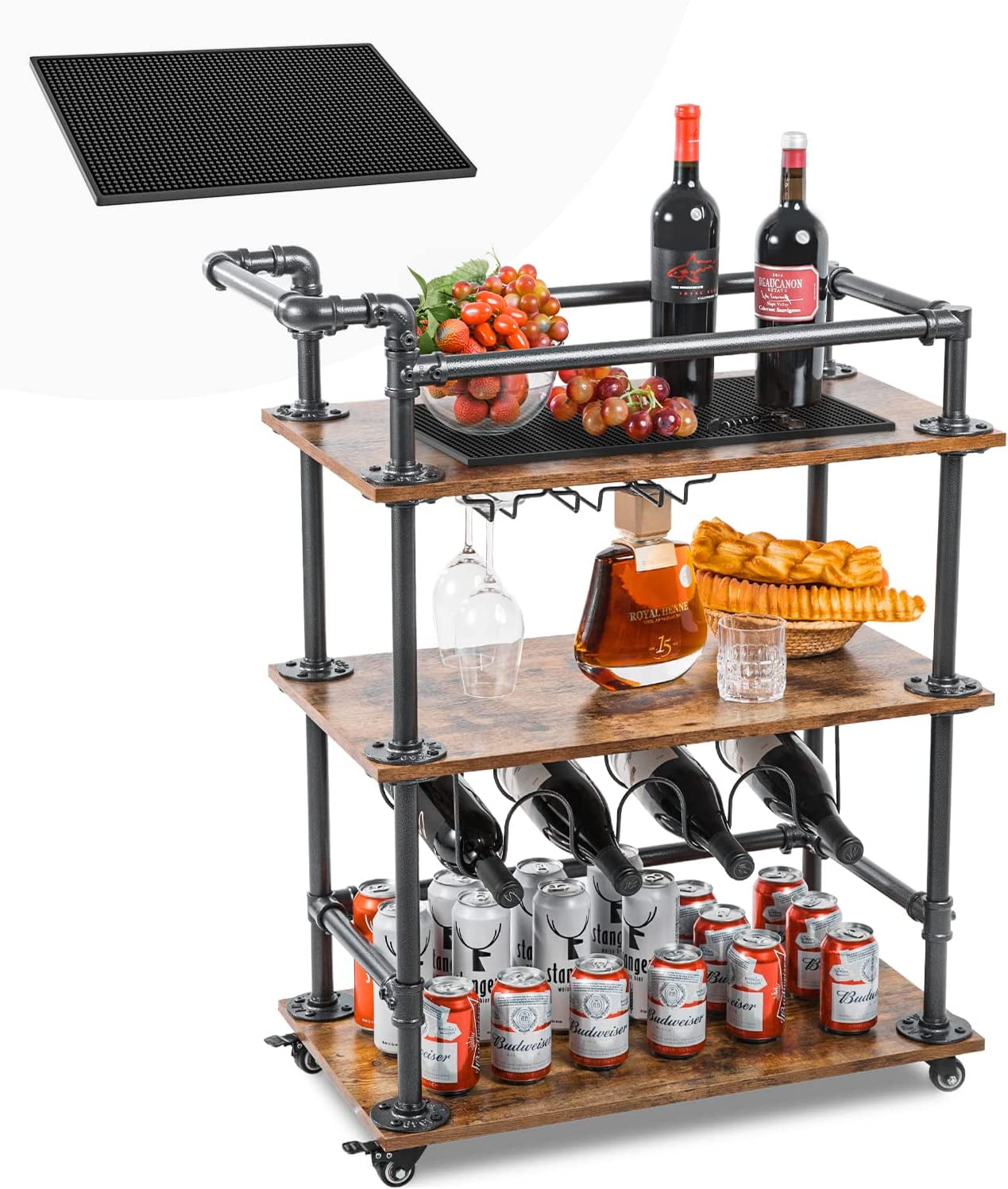 Industrial Bar Cart for Home, 3-Tier Bar Serving Cart with Wheels ...