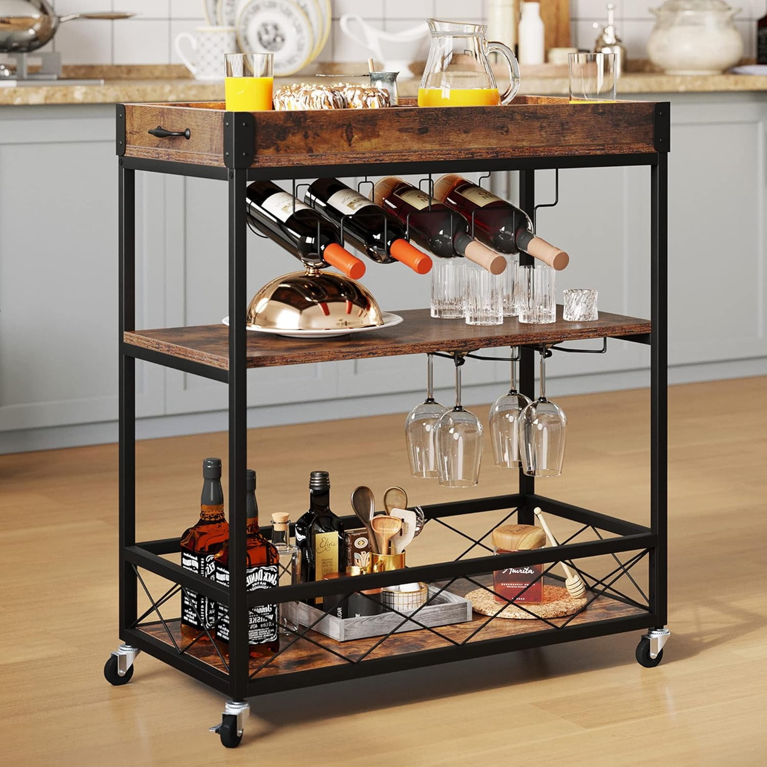 Industrial Bar Carts for The Home, Mobile Serving Cart on Wheels with ...