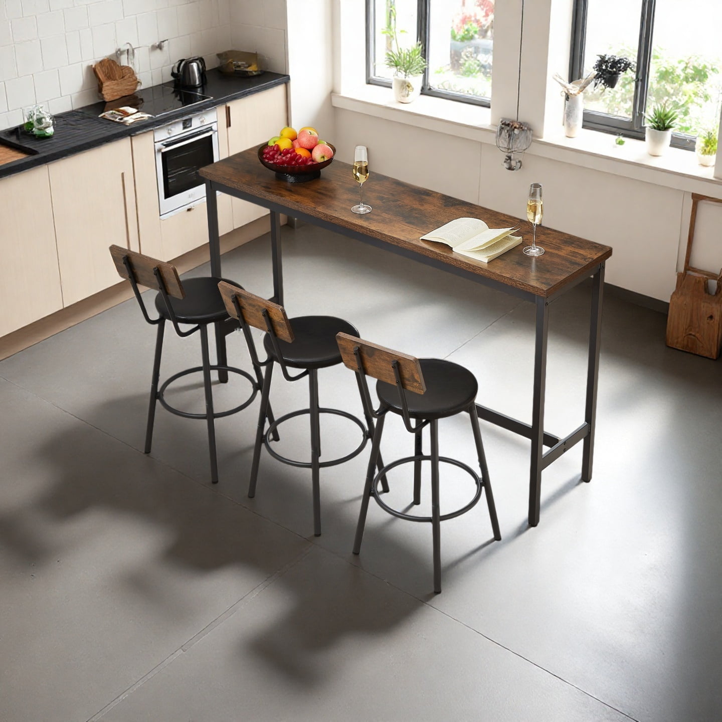 Industrial Bar Table Set with 3 PU Upholstered Stools, Rustic Brown and ...